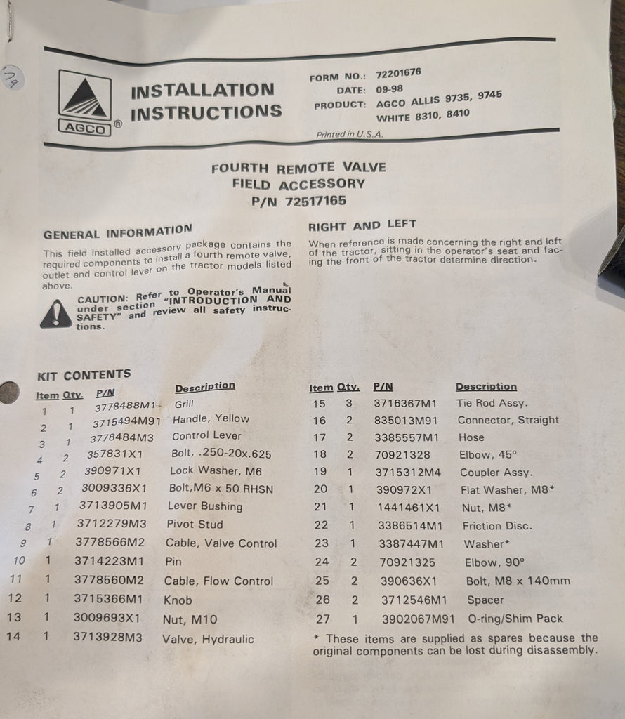 4 th REMOTE VALVE KIT AGCO ALLIS 9735, 9745, WHITE 8310, 8410 MASSEY 8 ...